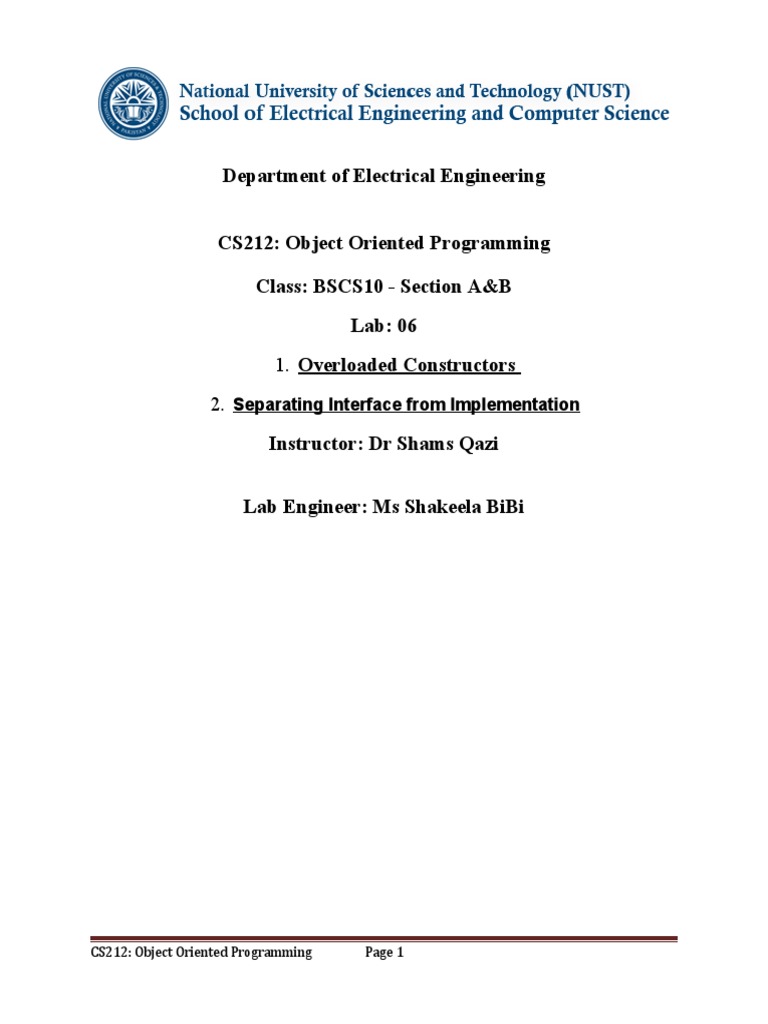 Department of Electrical Engineering CS212: Object Oriented Programming Class: BSCS10 - Section ...