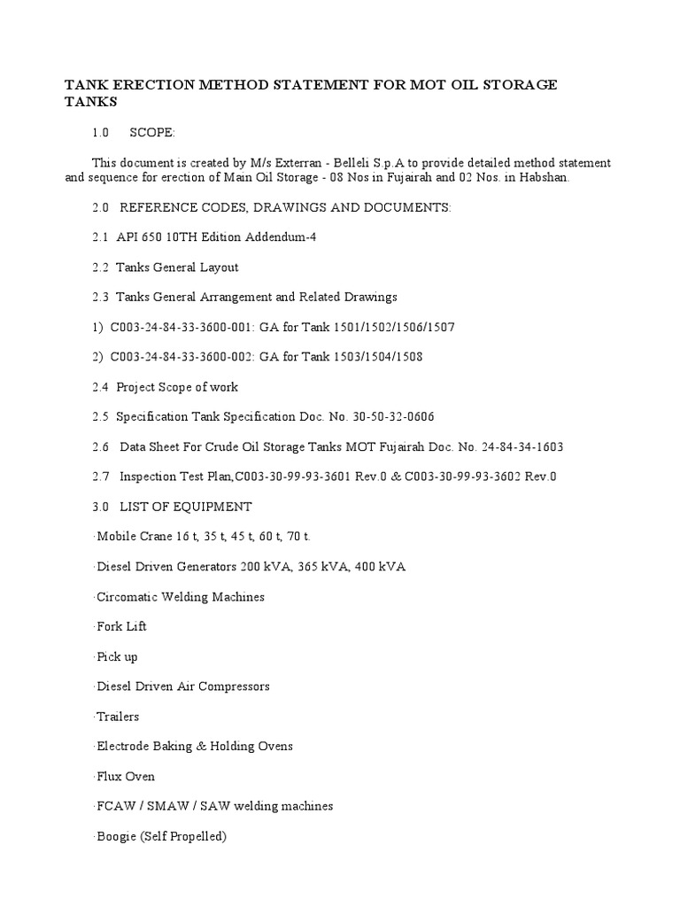 Tank Erection Method Statement For Mot Oil Storage Tanks | PDF | Welding | Construction