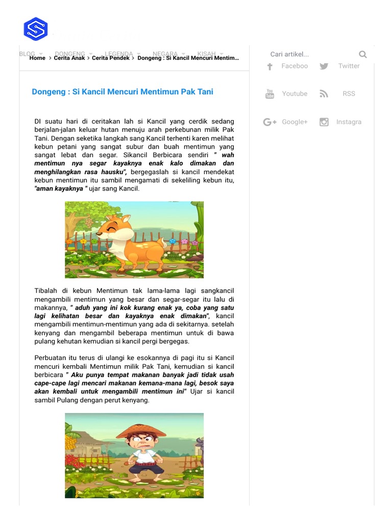 Dongeng - Si Kancil Mencuri Mentimun Pak Tani - 1001 Dunia Cerita | PDF