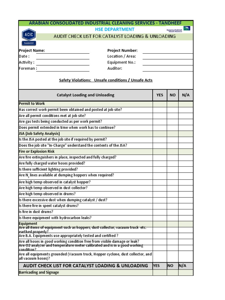 Audit Check List For Catalyst Loading & Unloading: Arabian Consolidated ...