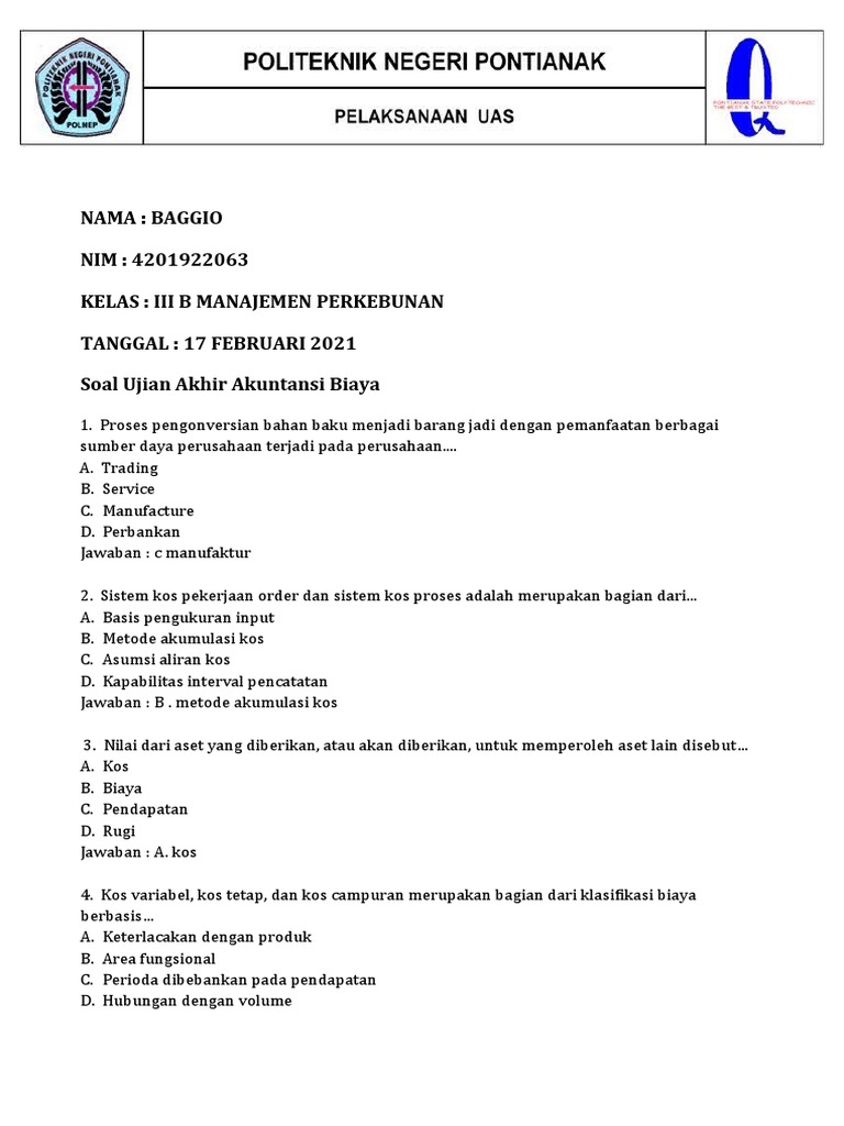 Uas Akuntansi Biaya | PDF