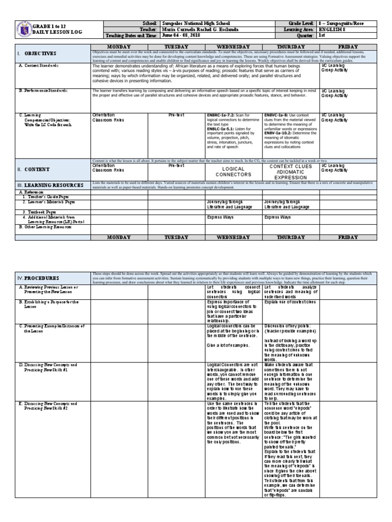 DLL Eng 8 Q1 W1 | PDF | Teachers | Learning
