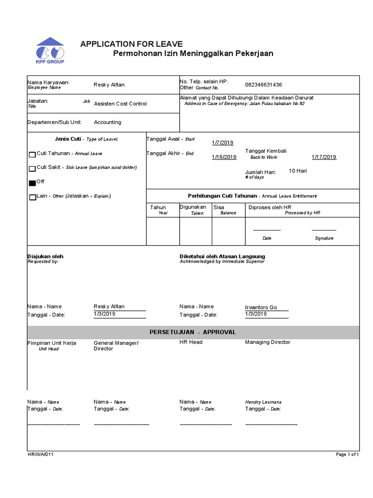 Form Application For Leave | PDF