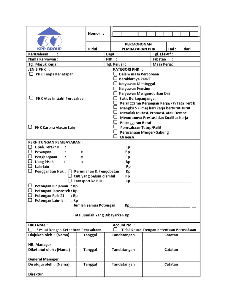 Form Permohonan Pembayaran PHK | PDF