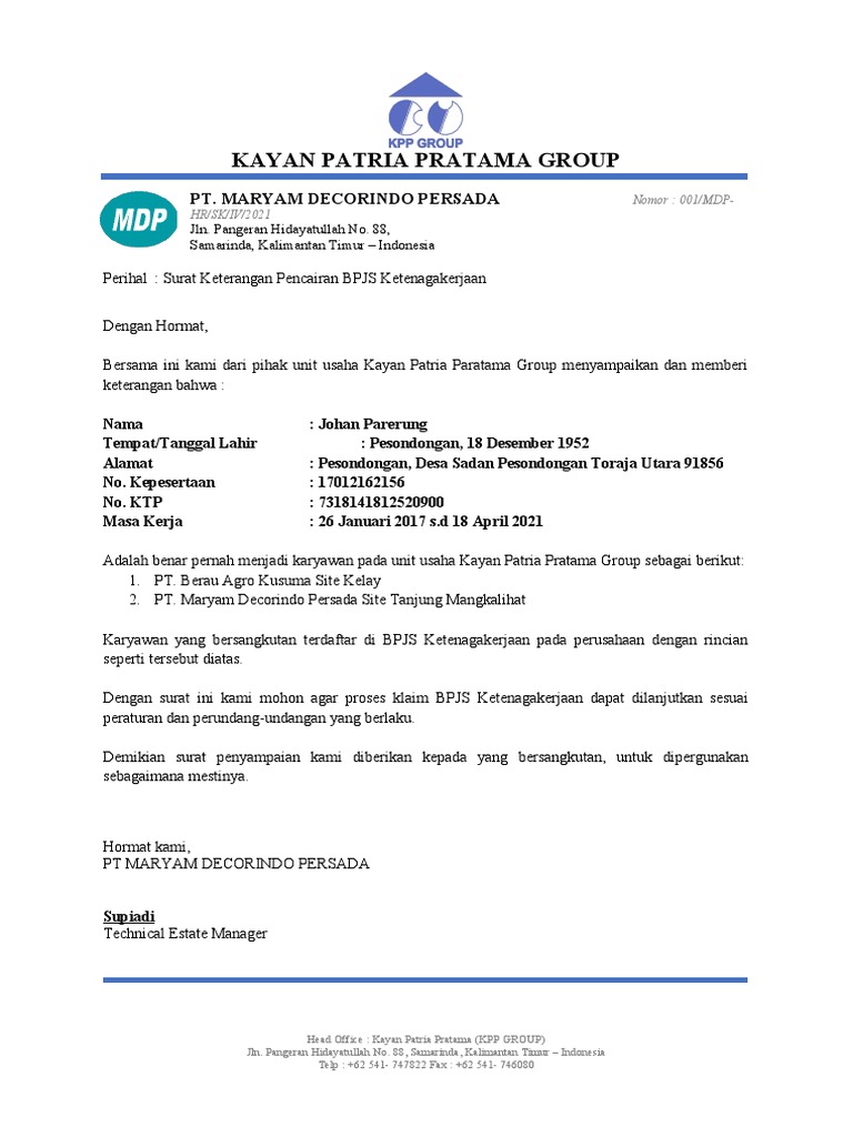 Form Surat Keterangan Pencairan BPJS TK | PDF