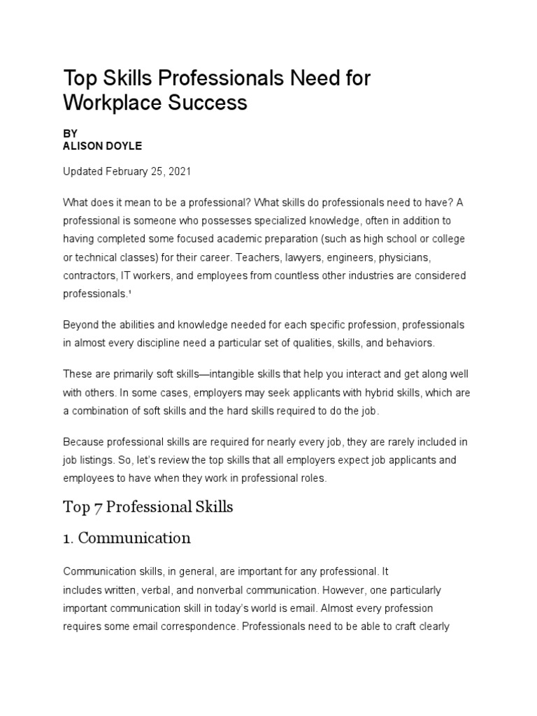 Top Skills Professionals Need For Workplace Success | PDF | Skill ...