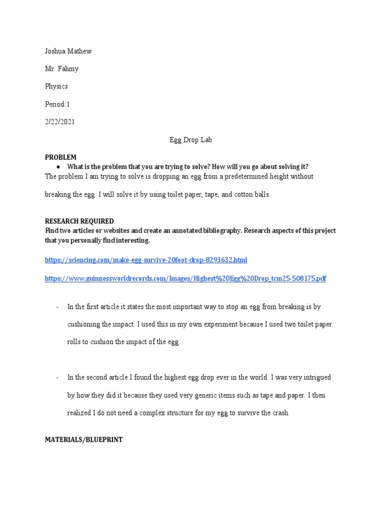 Egg Drop Lab | PDF | Friction | Physics