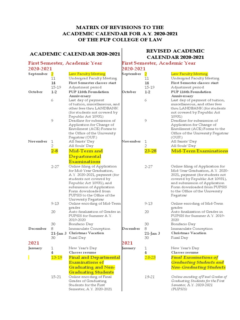PUP College of Law Academic Calendar 2020-2021 | PDF | Academic Term ...
