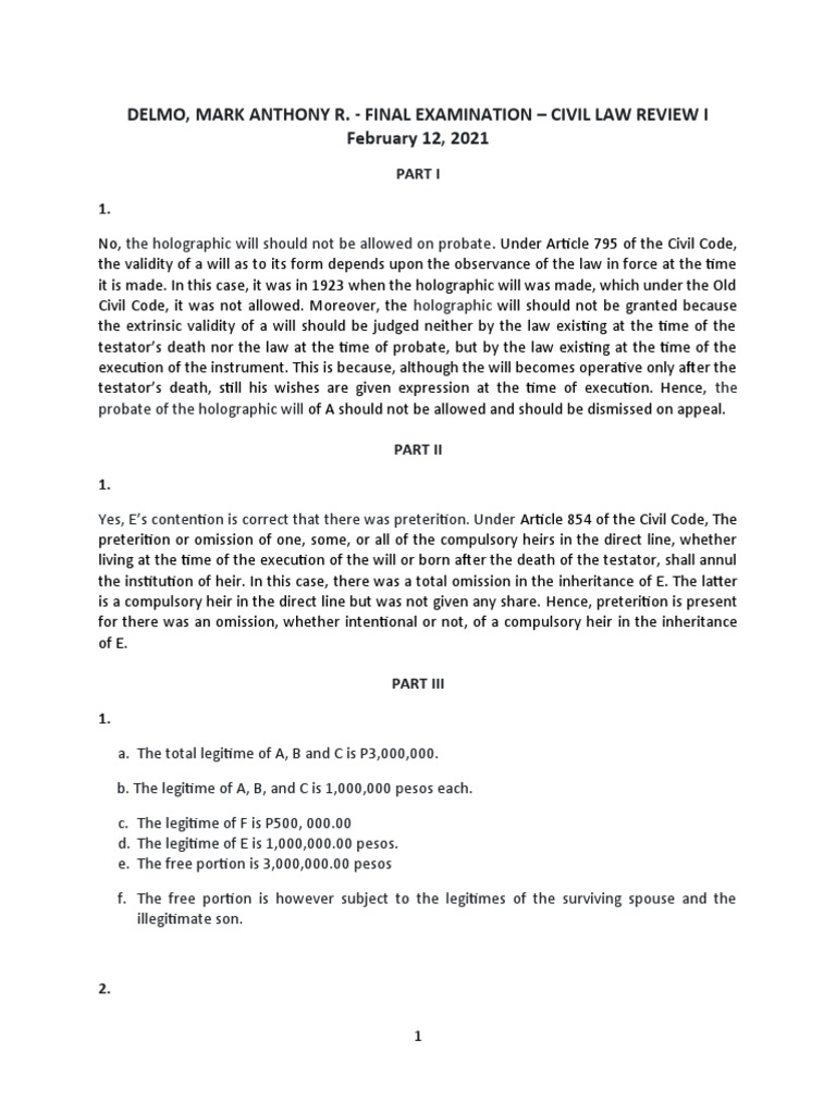 DELMO, MARK - FINAL EXAMINATION - CIVIL LAW REVIEW I February 12, 2021 ...
