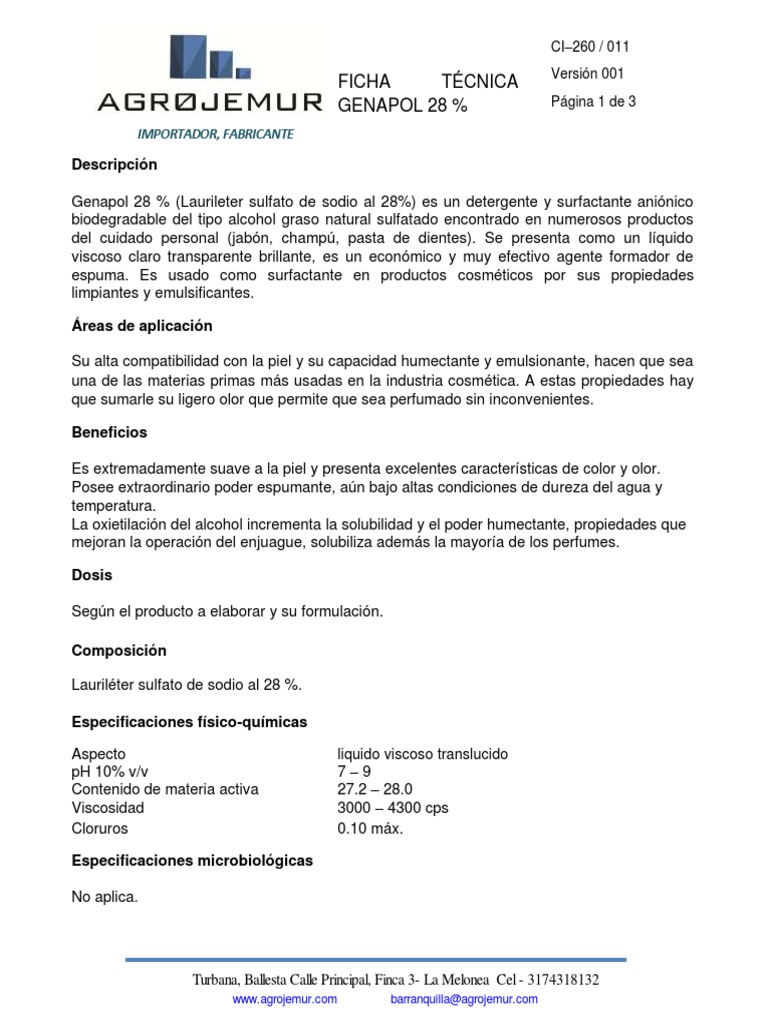 Ficha Tecnica Genapol 28 | PDF | Tensioactivo | Materiales