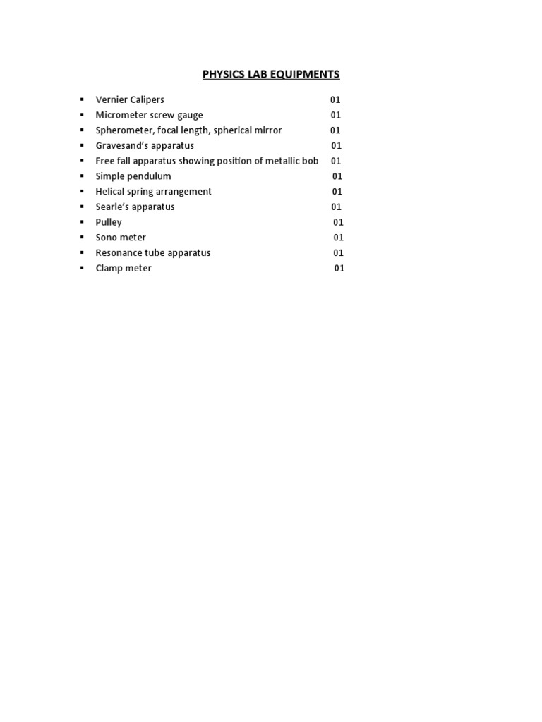 Physics Lab Equipment List | PDF