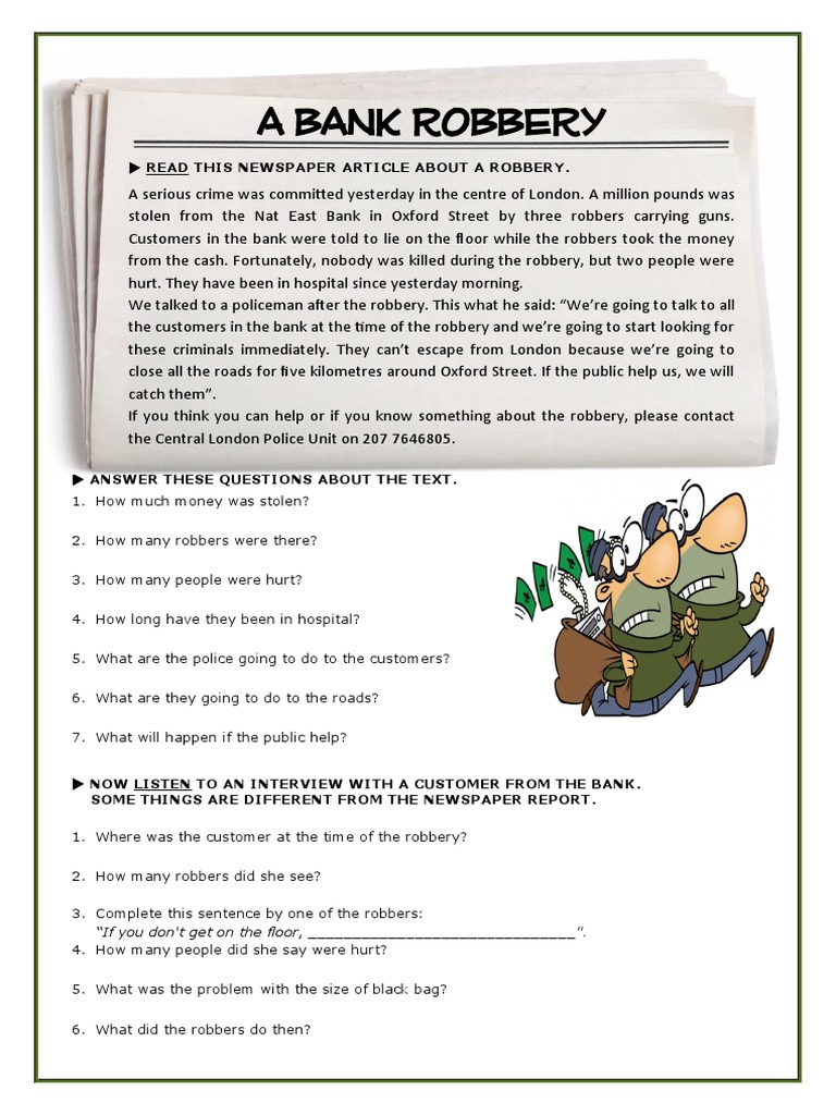 A Bank Robbery Reading and Listening Activity | PDF