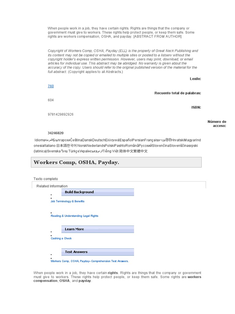Workers Comp, OSHA, Payday.: Lexile | PDF | Workers' Compensation ...