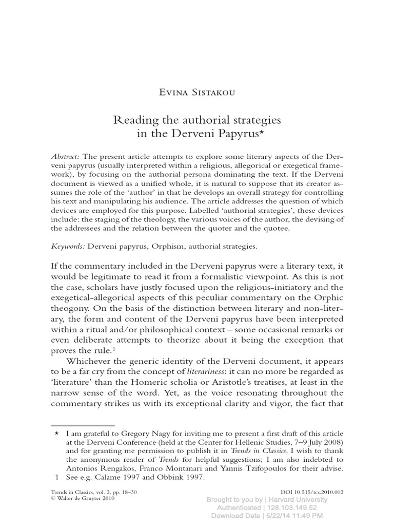 Reading The Authorial Strategies in The Derveni Papyrus | PDF ...