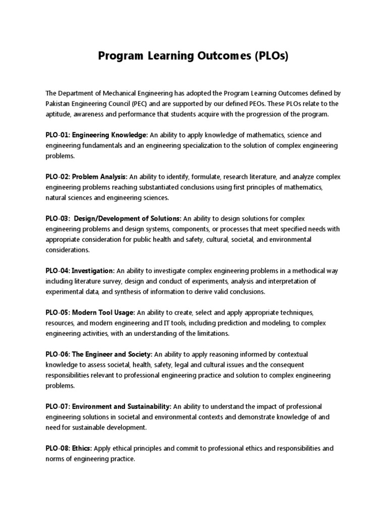 Program Learning Outcomes | PDF | Engineering | Design