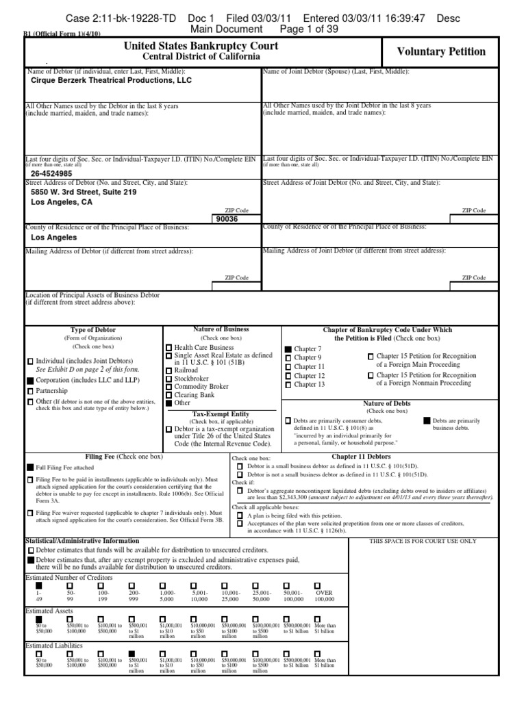 United States Bankruptcy Court Voluntary Petition: Central District of ...