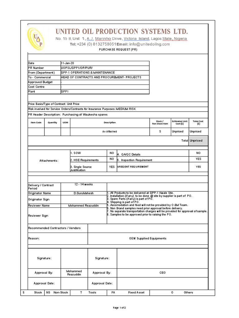 Item Code Quantity UOM Description Stock / Non Stock Item Estimated ...