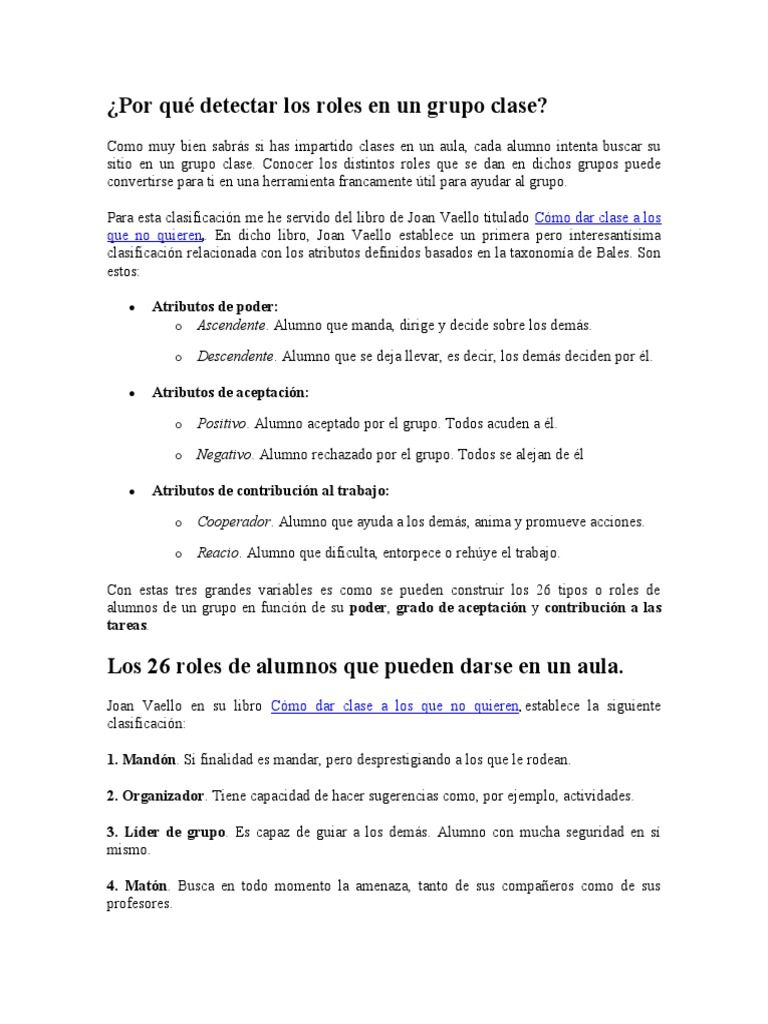 Los 26 roles de alumnos en un grupo clase según Joan Vaello | PDF