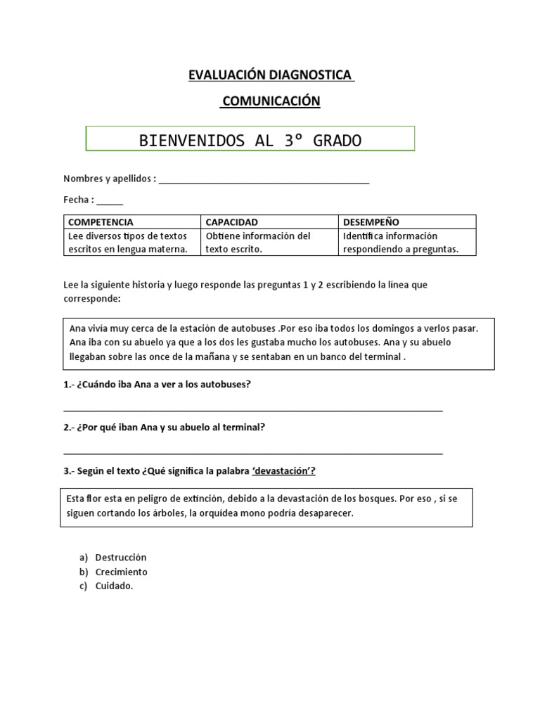 C.I Evaluación Diagnostica 3° Grado de Primaria | PDF
