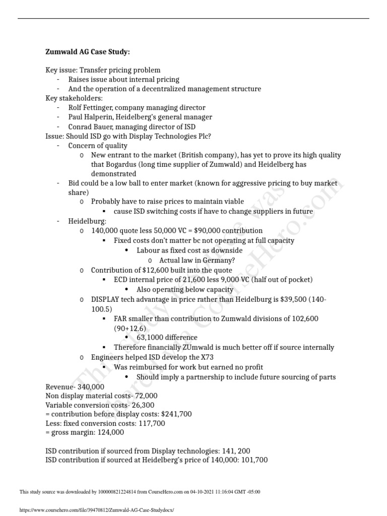 Zumwald AG Case Study | PDF | Sales | Business