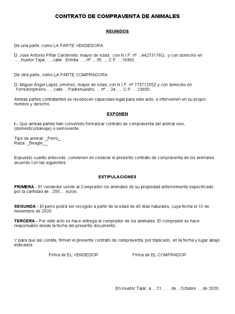 Contrato Compraventa Animales Word | PDF