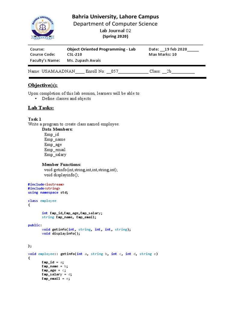 Department Of Computer Science Bahria University Lahore Campus Pdf Namespace Object