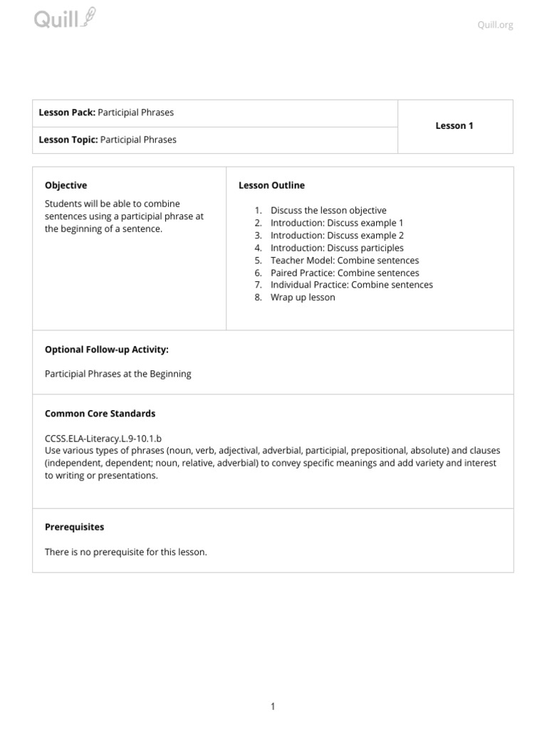 Lesson Pack: Participial Phrases Lesson 1 Lesson Topic: Participial ...