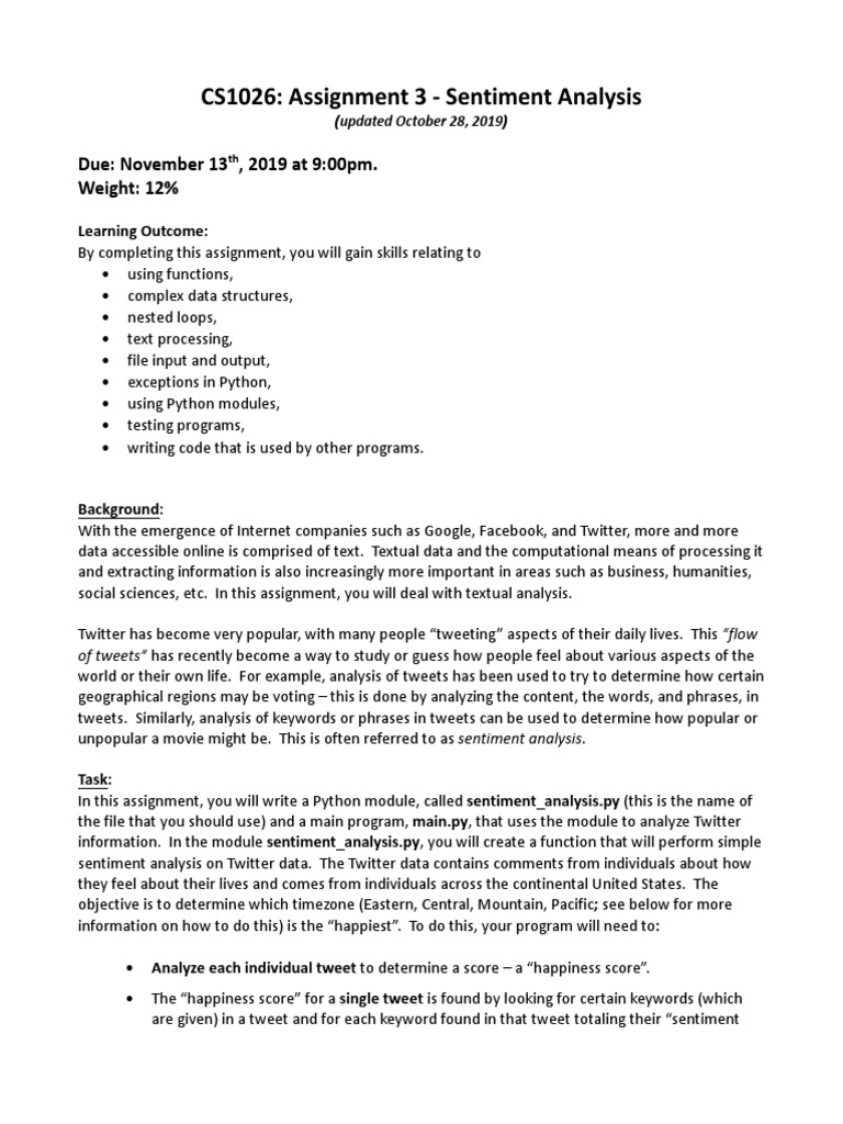 Cs1026 Assignment 3 Sentiment Analysis Due November 13 2019 At 900pm Weight 12 Pdf 