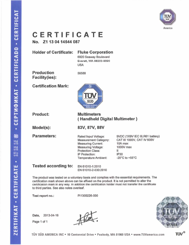 Fluke 87-5-TUVSUD Certificate - of - Conformity | PDF