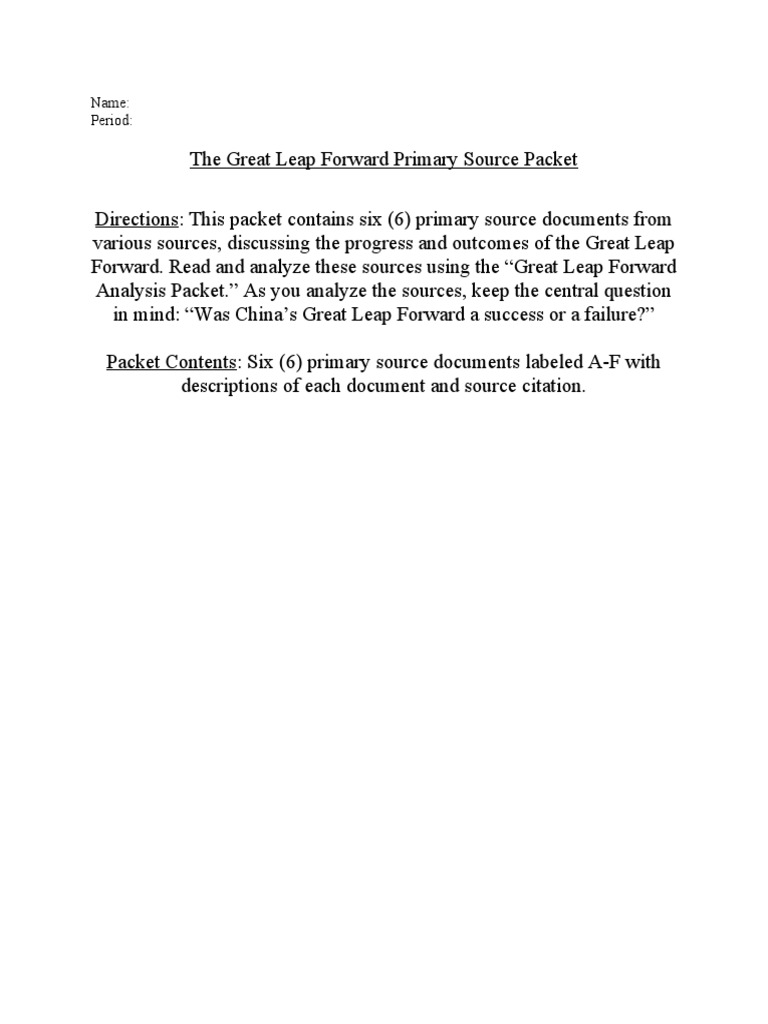 The Great Leap Forward Primary Source Packet | PDF | Mao Zedong | China