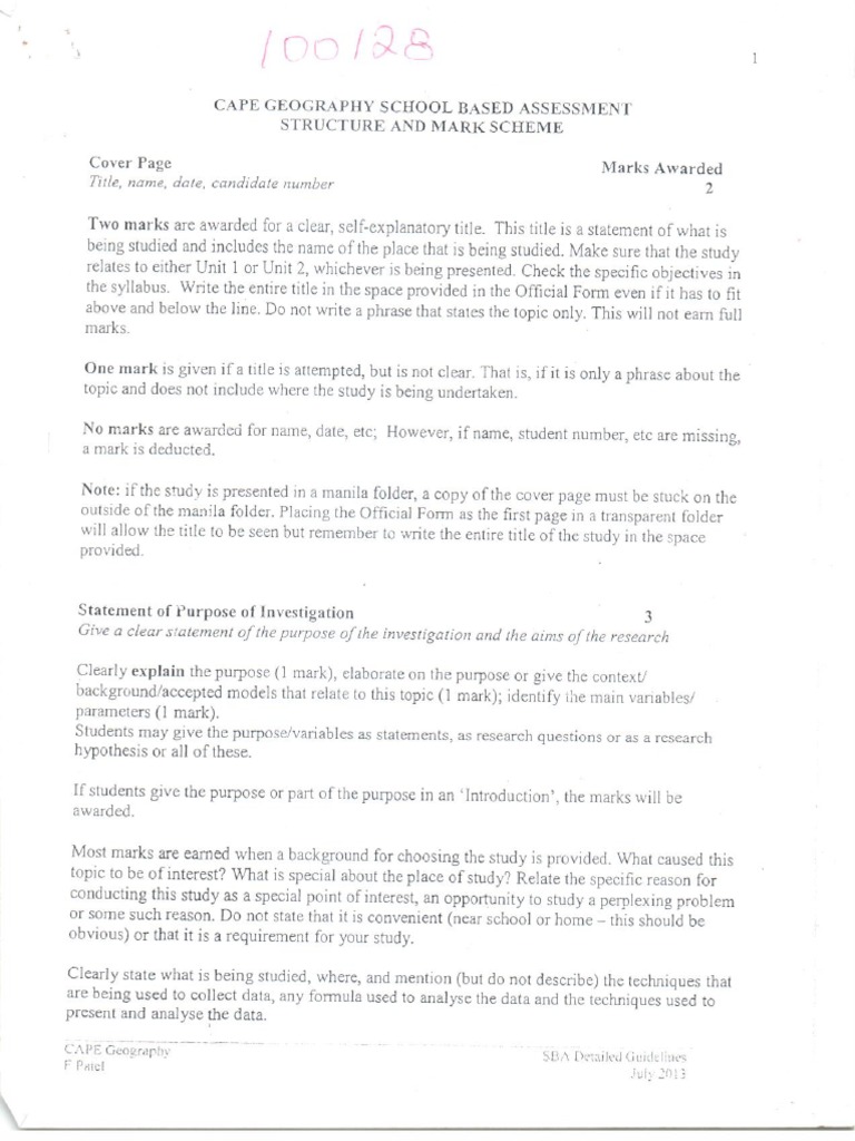Geography Cape Sba Mark Scheme | PDF