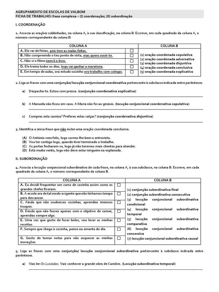 FRASE COMPLEXA. COORDENAÇÃO E SUBORDINAÇÃO | PDF