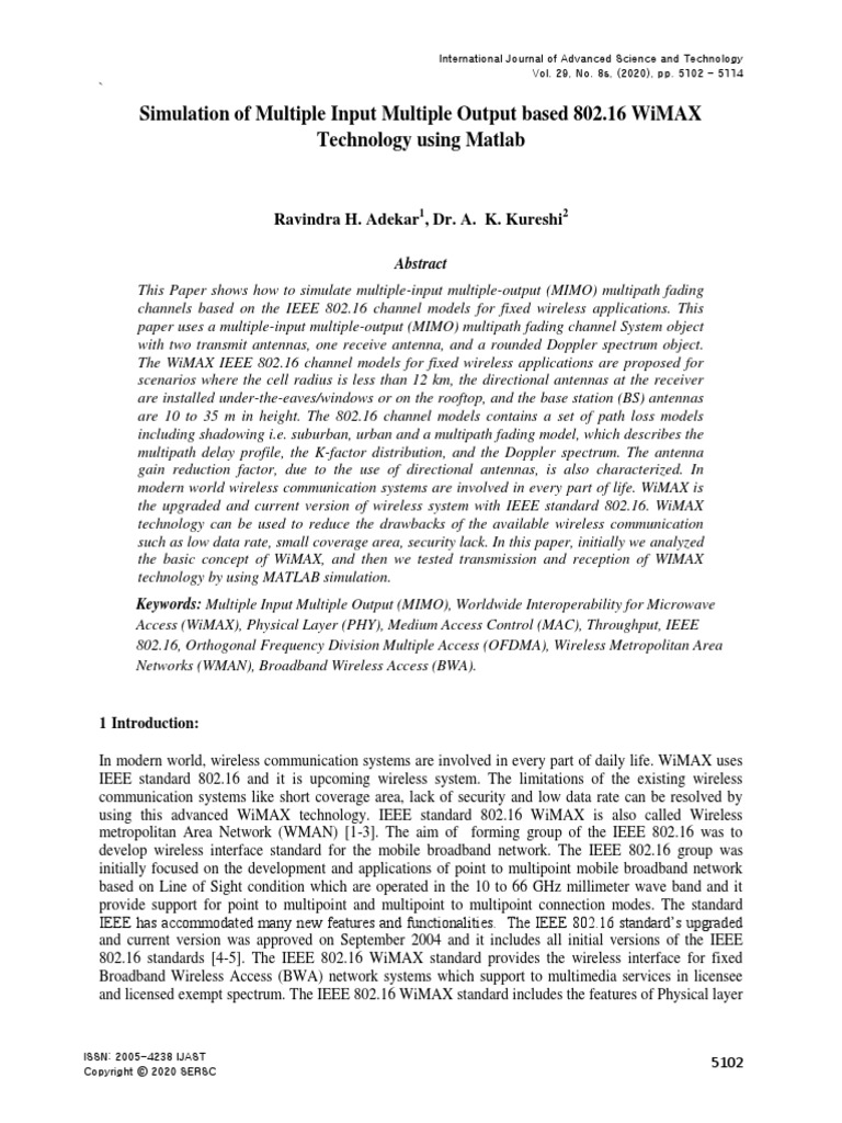 Simulation of Multiple Input Multiple Output Based 802.16 Wimax Technology Using Matlab | PDF ...