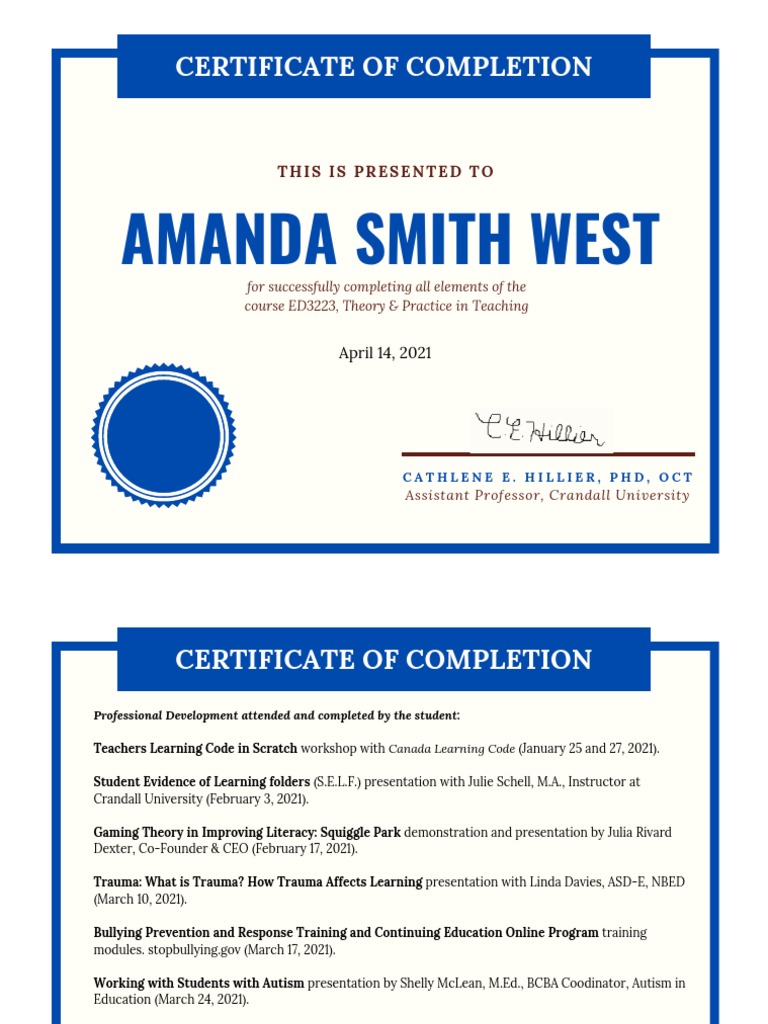 Ed3223 Certificate of Completion Amanda Smith West | PDF | Wellness
