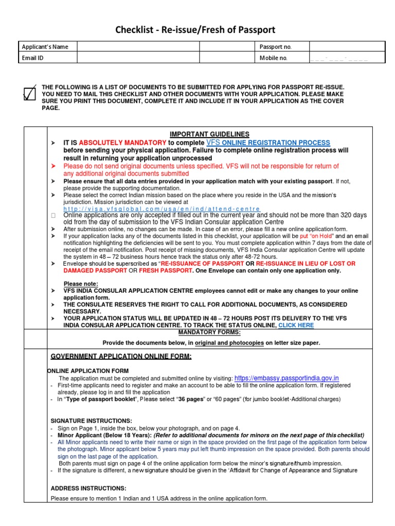 VFS Passport Re-issue Checklist | PDF | Notary Public | Passport