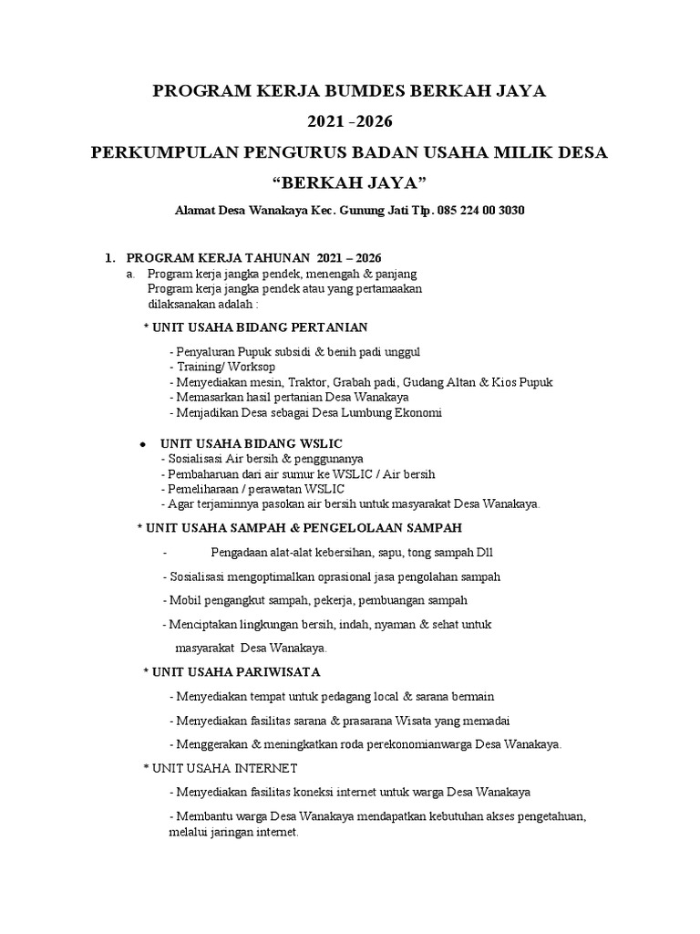 Program Kerja Bumdes Berkah Jaya | PDF
