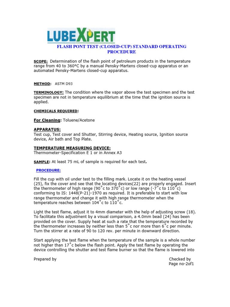 Flash Pont Test (Closed-Cup) Standard Operating Procedure: Scope ...