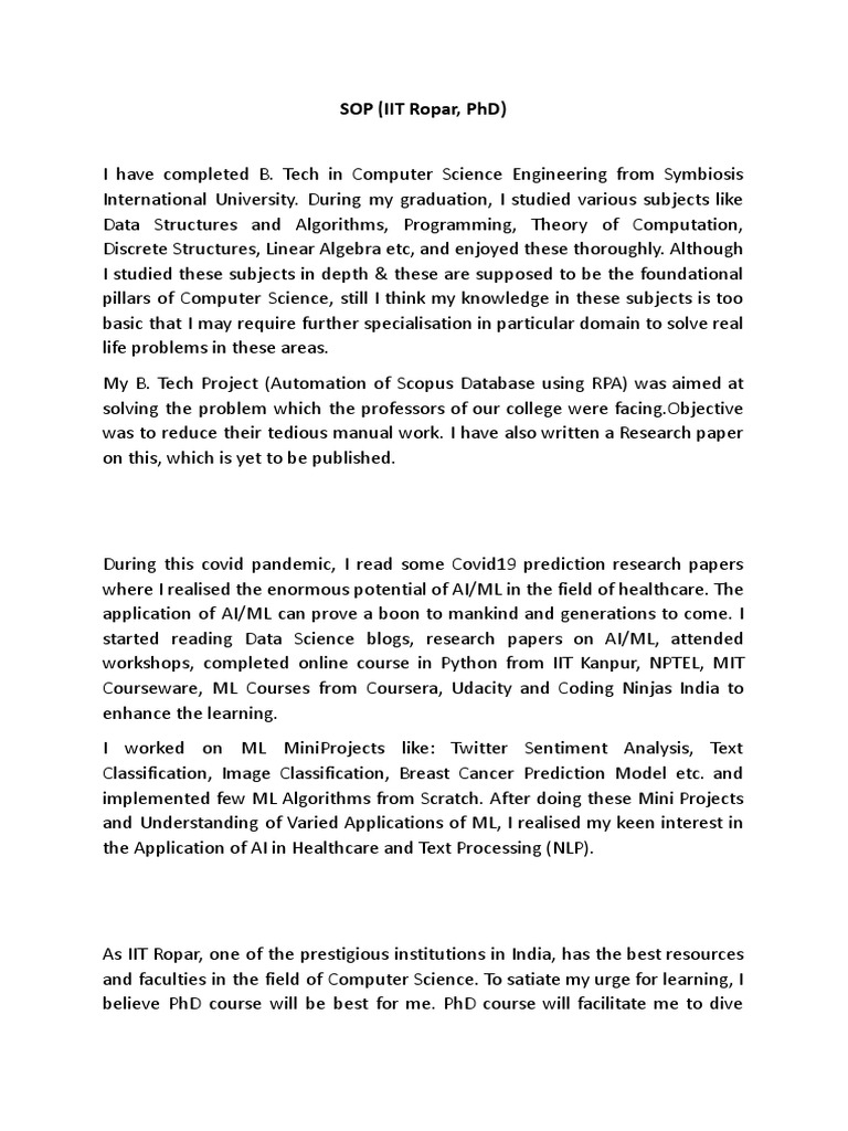 SOP-CSE IIT Ropar (PHD) | PDF | Artificial Intelligence | Intelligence (AI) & Semantics