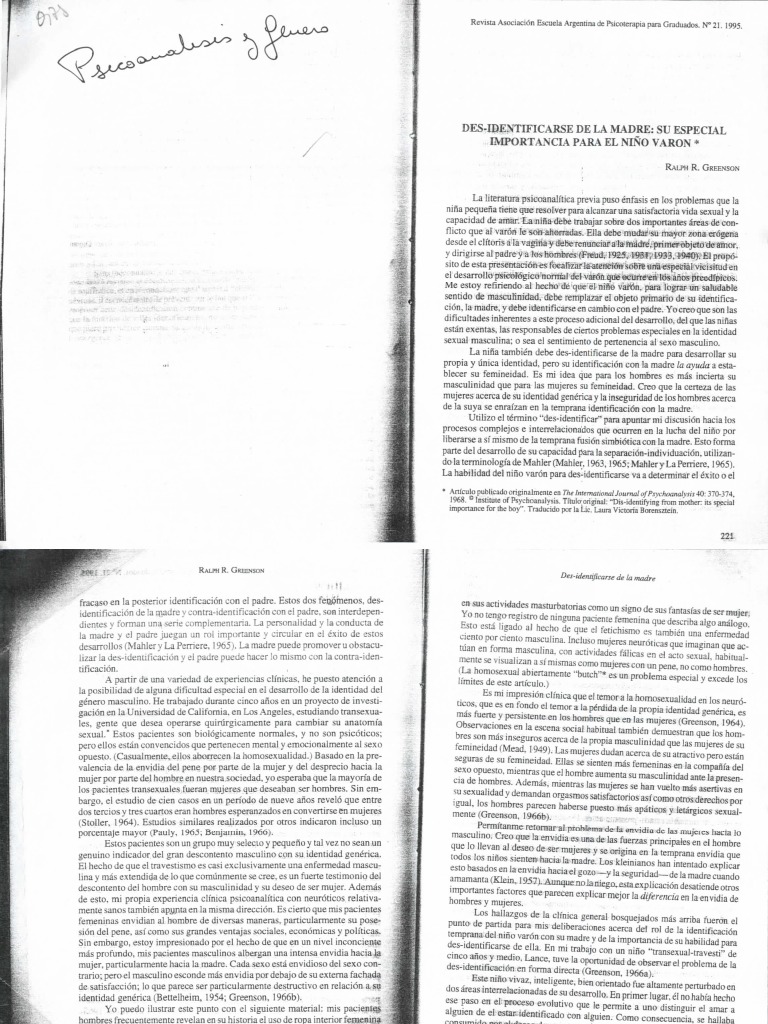 Ralph Greenson Des-Identificarse de La Madre | PDF | Masculinidad | La ...