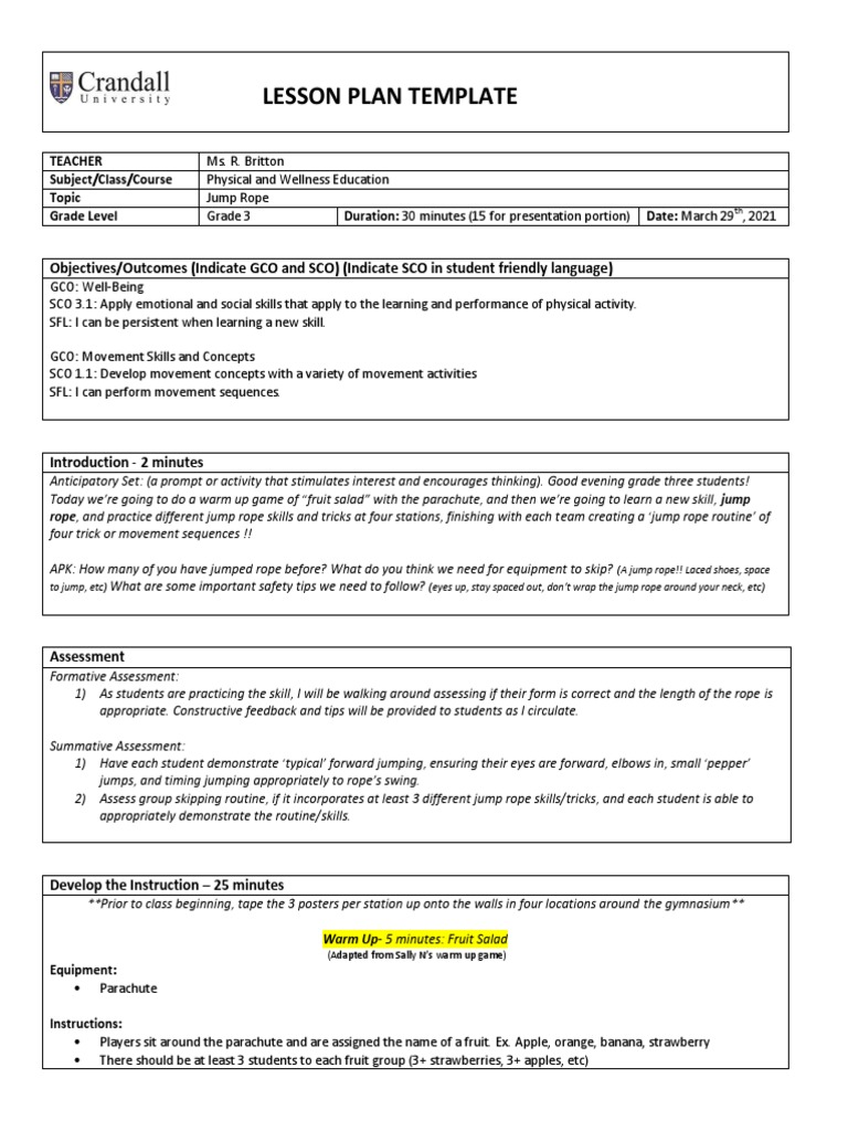 Jump Rope Lesson Plan for Grade 3 | PDF | Lesson Plan | Parachute