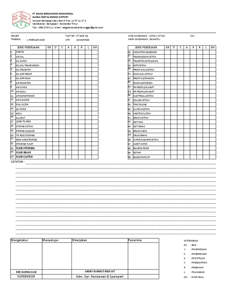 Form Servis Dilakukan | PDF | Vehicle Parts | Land Vehicles