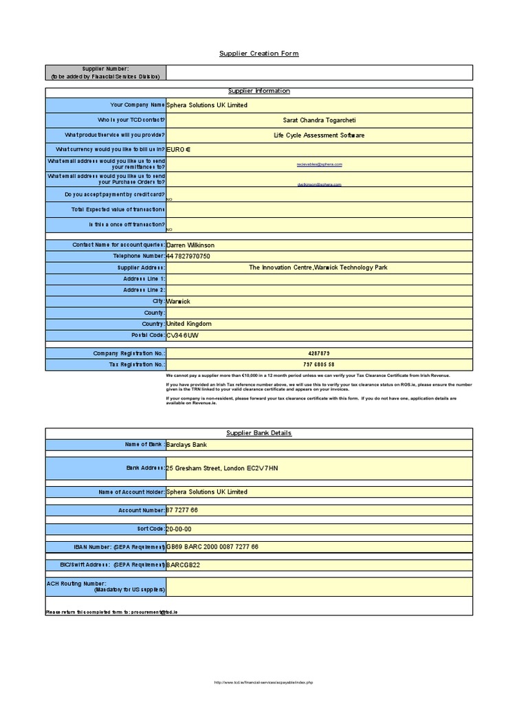 Trinity College Copy of New Supplier Form Sphera Solutions UK Limited ...