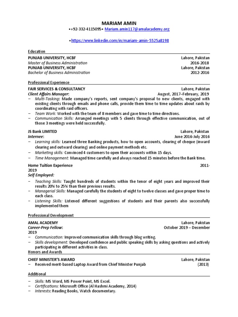 Mariam Amin Resume | PDF | Human Nature | Communication