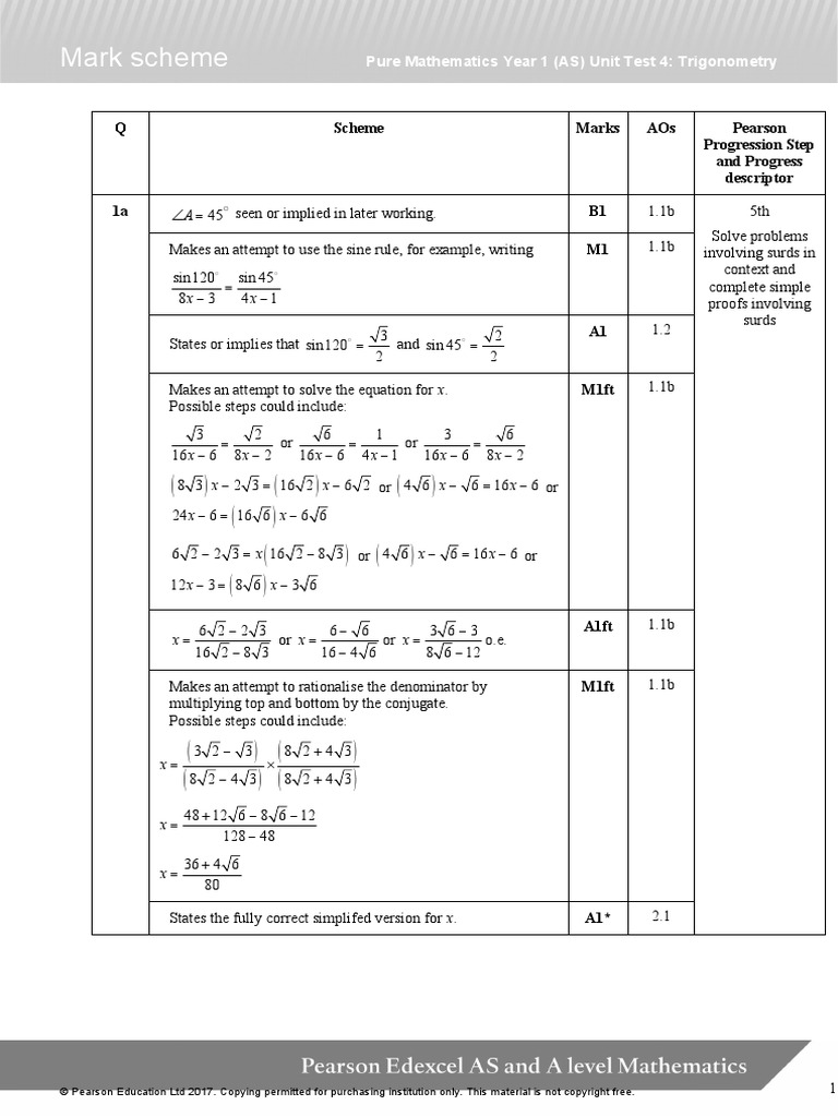 As Maths Pure Unit 4 MS | PDF | Trigonometric Functions | Sine