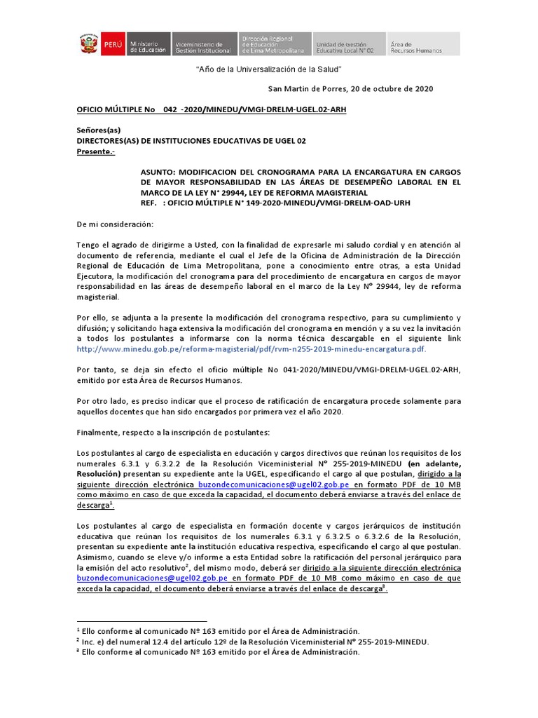 Oficio Multiple 042 2020 Minedu Vmgi Drelm Ugel02 Arh | PDF | Finanzas y administración del dinero