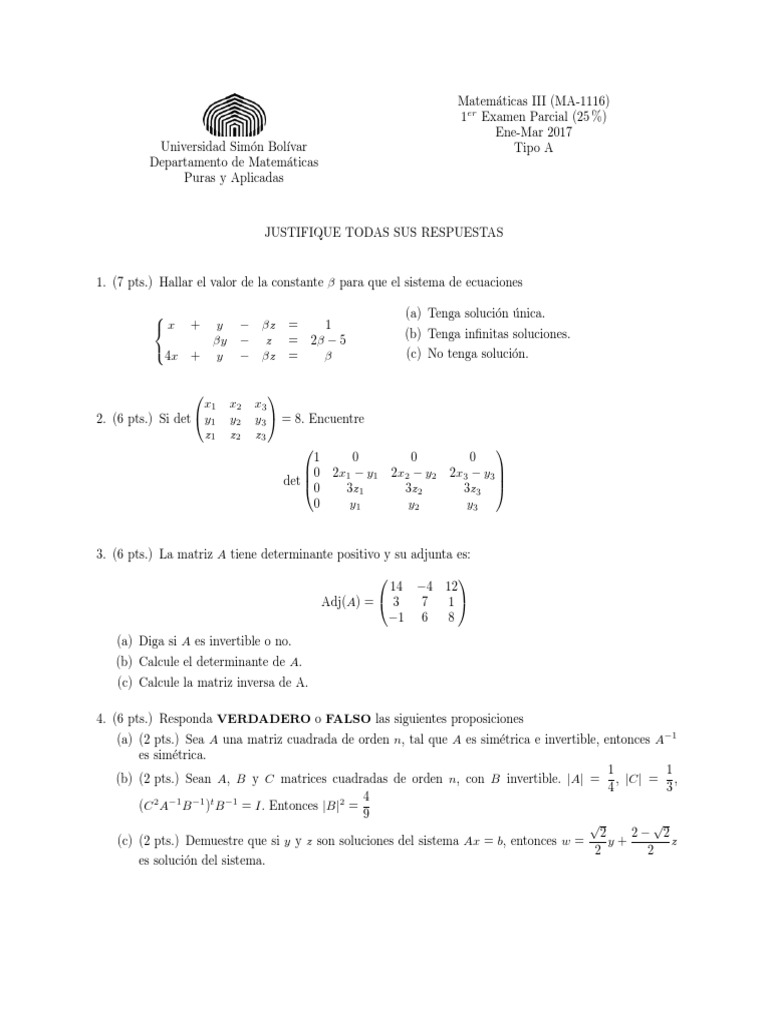 Ejercicios Tipo Examen de Matrices | PDF | Determinante | Matriz (Matemáticas)