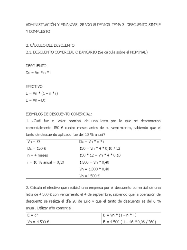 Descuento Simple y Compuesto: Cálculos y Ejemplos | PDF | Distribución ...