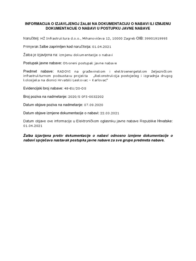 Informacija O Izjavljenoj Žalbi Na Dokumentaciju O Nabavi Ili Izmjenu Dokumentacije O Nabavi U ...