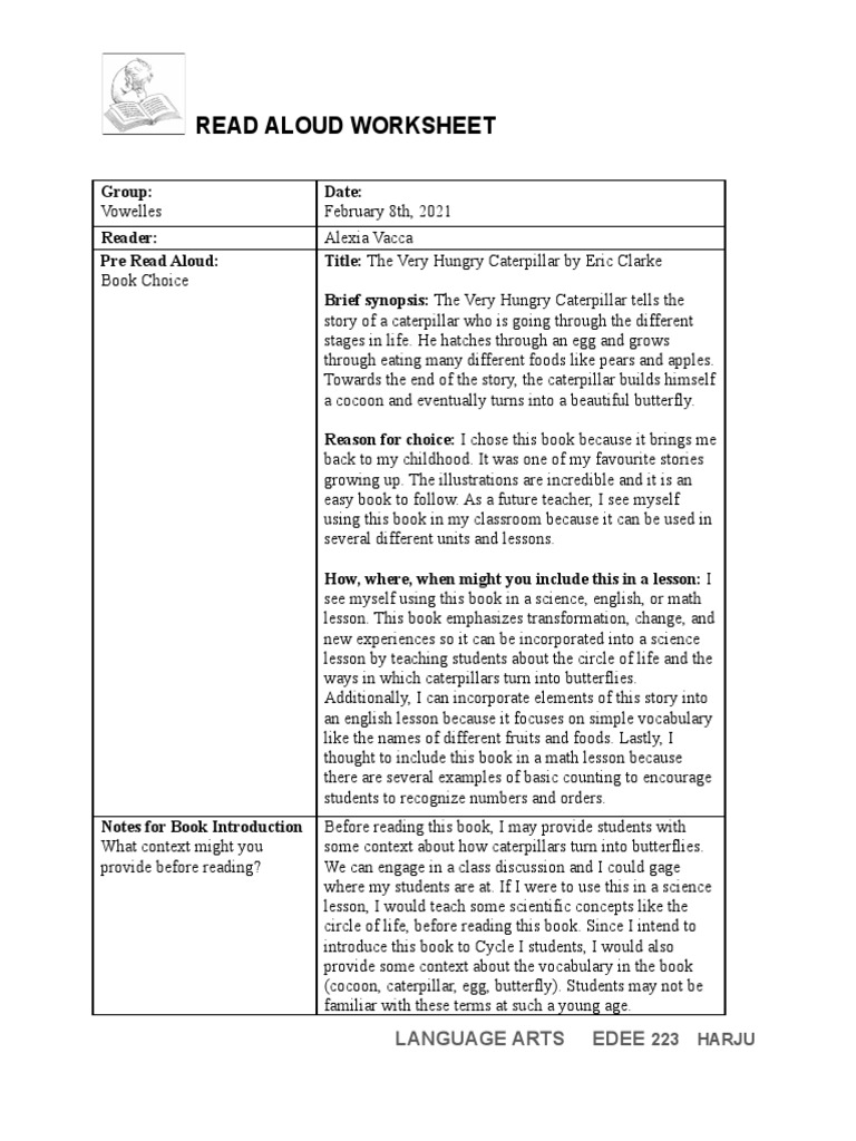 Read Aloud Worksheet: Language Arts Edee | PDF | Butterfly | Communication