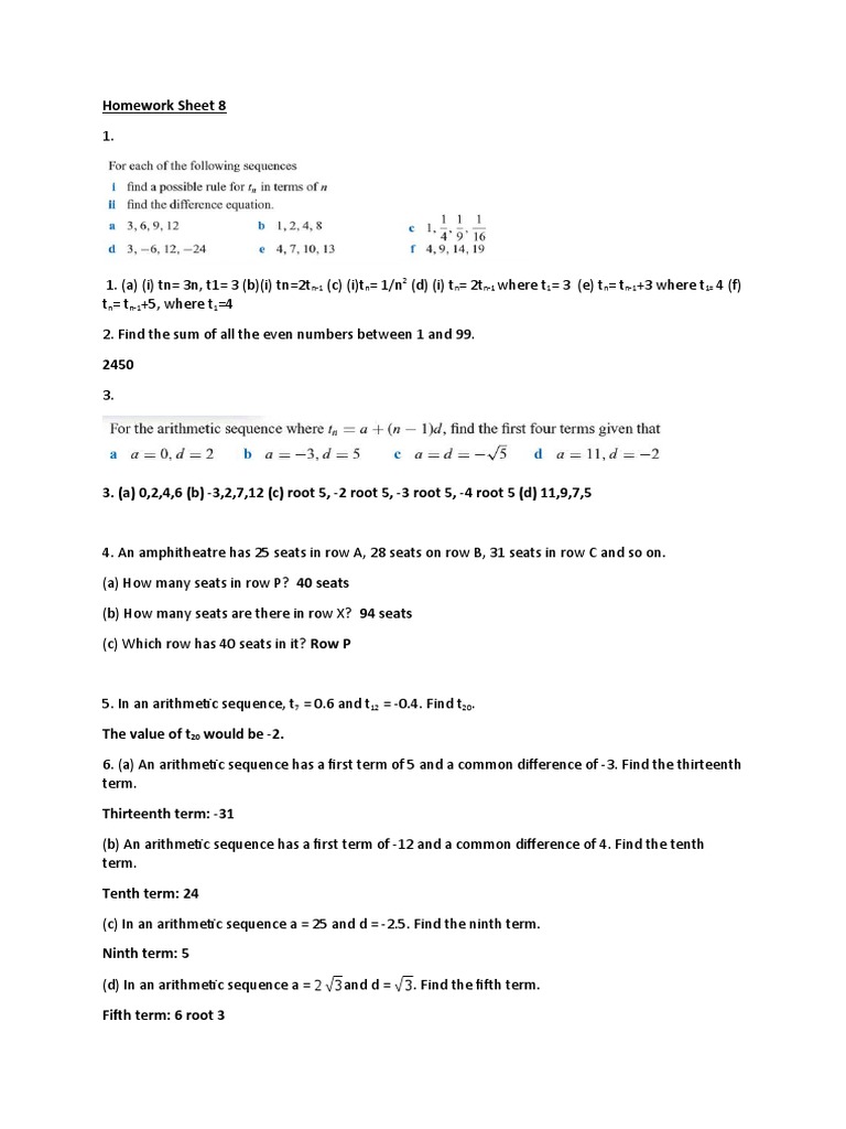 Homework Sheet 8 - Arithmetic Sequences and Series | PDF | Mathematical ...